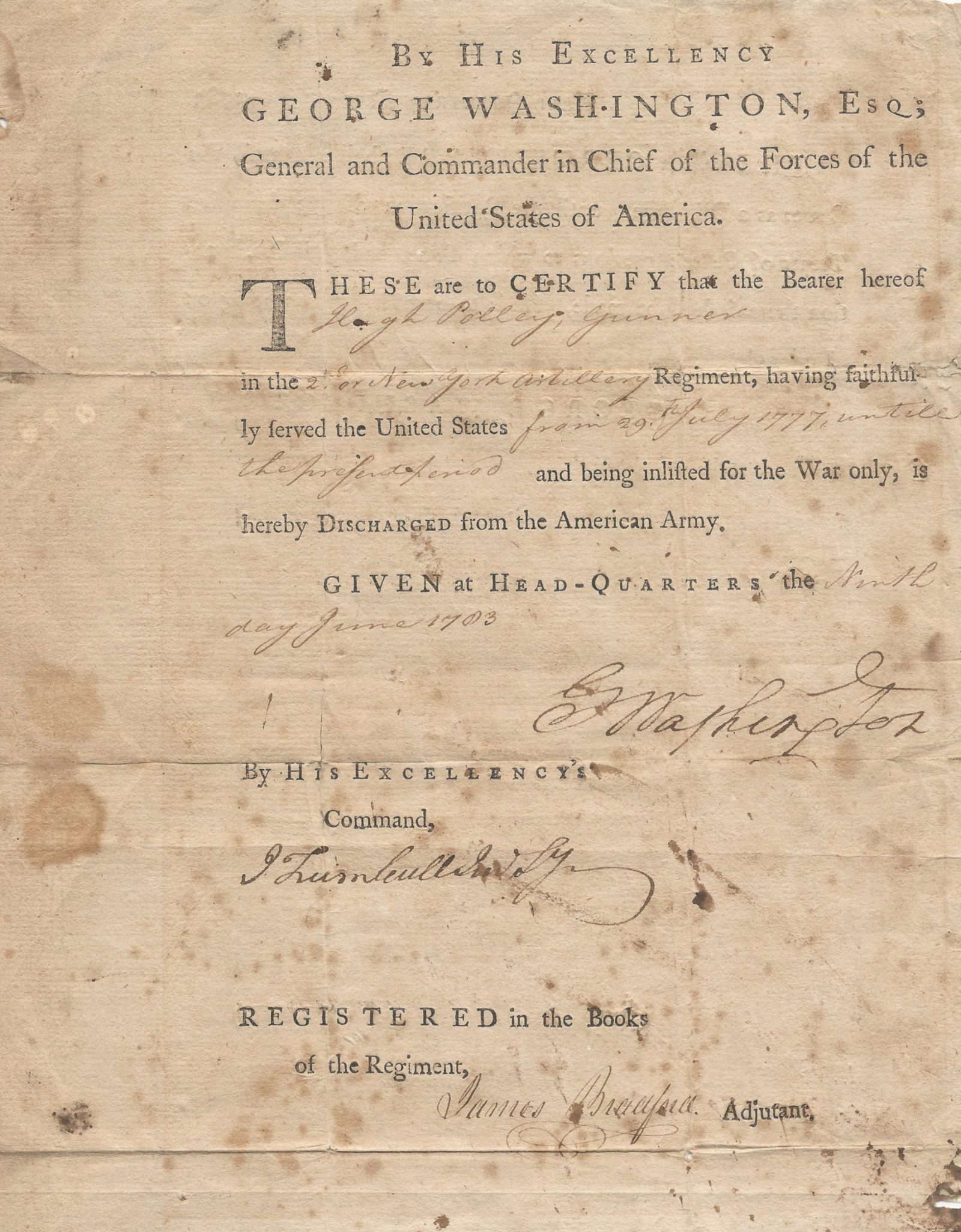 George Washington Document Signed Continental Artillery | Raab
