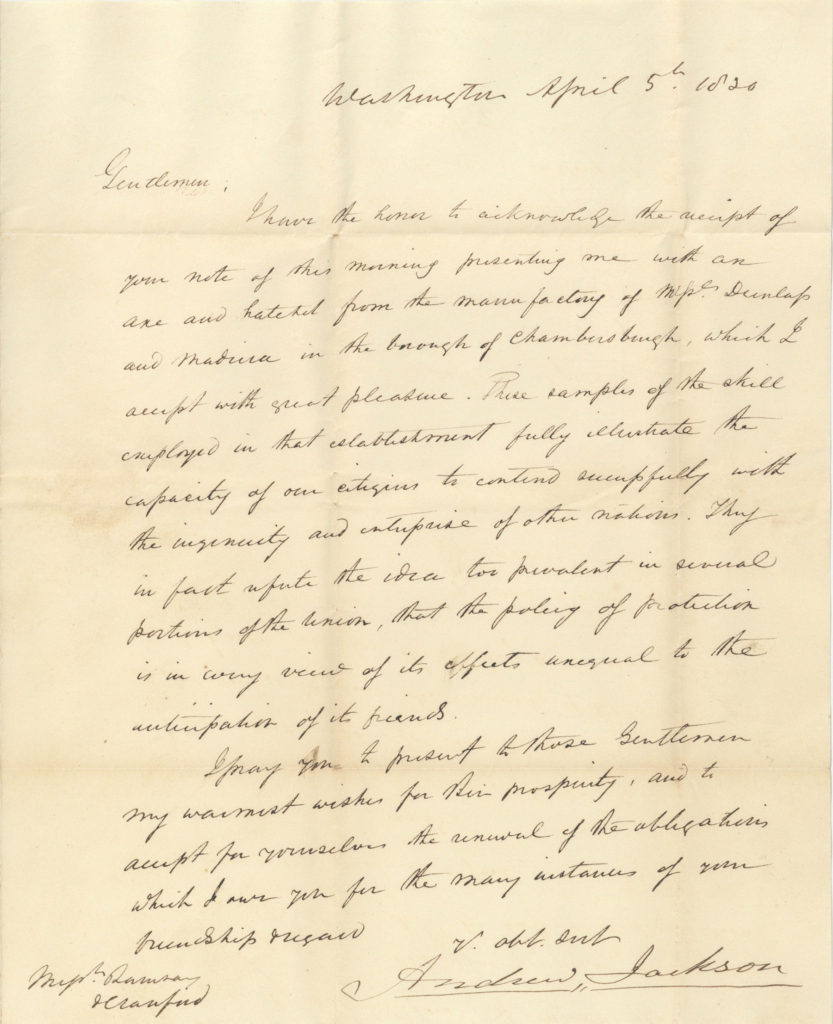 Andrew Jackson Signed Letter American Tariff Protectionism | Raab
